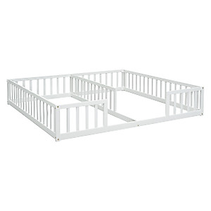 ROCKINGRUN Double Twin Size Montessori Floor Bed with Safety Guardrails, Solid Pine Wood Floor Shared Bed Frame with Fence, for Twins, Girls, Boys, Child Bedroom, Kids Playroom (White)
