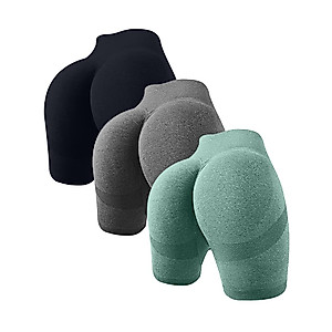 OQQ Women's 3 Piece Butt Lifting Yoga Workout High Waist Tummy Control Ruched Booty Pants Shorts, Black Grey Darkgreen, Large