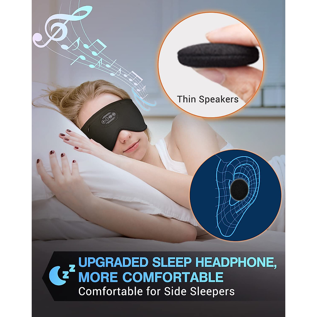 Sleep Headphones Bluetooth Headband Wireless - Upgraded Ergonomic ASMR Headphone Cool Gadget, Soft Sleeping Mask Music Sport Headband, Sleep headphones Gifts for Men Women Side Sleeper (Black)
