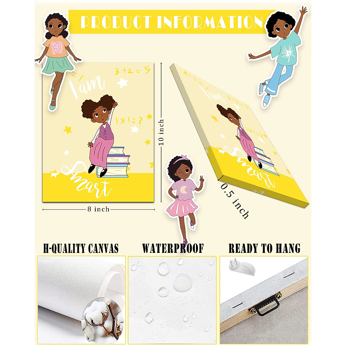 Black Girls Bedroom Canvas Wall Art Framed | Motivational Wall Decor for Toddler Girls | Inspirational Room Decor for Teen Girls | Kids Wall Art | Picture for Little Girls | 8” x10” x4 PCS (FRAMED)