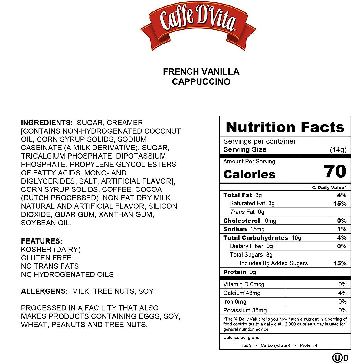 Caffe D'Vita Cappuccino Assortment (White Chocolate, English Toffee, Hazelnut, Mocha, French Vanilla, Caramel) - Instant Cappuccino Mix, Gluten Free - 0.5 oz each, 18 Packets, 6 of Each Flavor