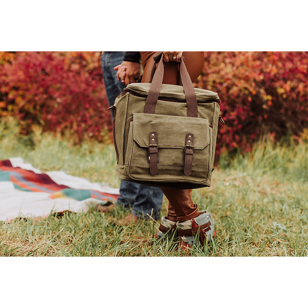 LEGACY - a Picnic Time Brand - Weekender Distressed Waxed Canvas 6 Bottle Insulated Wine Bag, Soft Cooler Wine Tote Bag, Wine Picnic Bag, (Khaki Green)