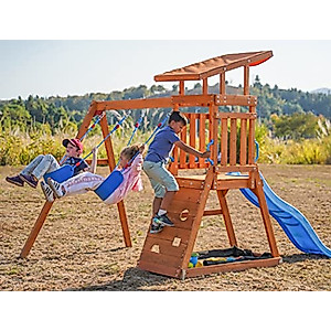 Dolphin Playground Wooden Swing Sets for Backyard with 6FT Slide, Outdoor Playset for Kids with Sand Pit, Climbing Wall, and 2 Belt Swings, Heavy Duty Playground Accessories, Ages 2-9