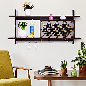 Giantex Wall Mounted Wine Rack Organizer W/Metal Glass Holder & Multifunctional Storage Shelf Modern Diamond-Shaped Wood Wine Server for 10 Bottles Wine Storage Display Rack (Black Walnut)