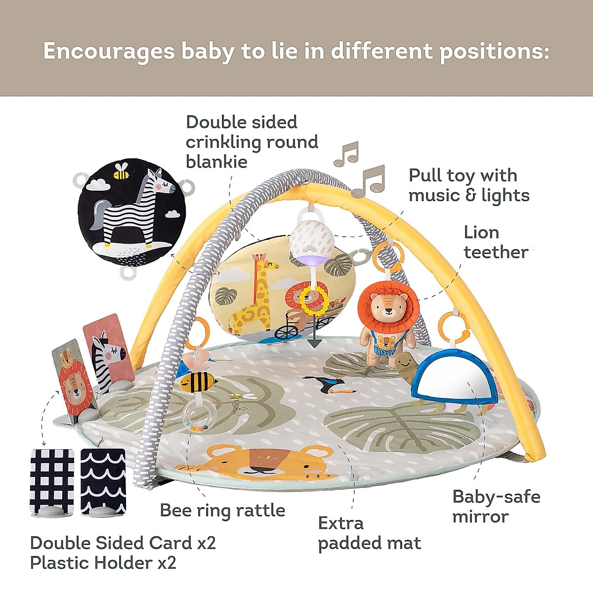 Taf Toys Savannah 360° Activity Gym with Music & Light & 20 Playful Activities, Thickly Padded with Soft Mat and a Unique “Crinkle Toy” for a Variety of Body Positioning for Newborn and Up