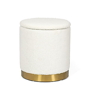 Adeco Round Storage Ottoman, Upholstered Vanity Stool with Removable Lid, Footrest Stool with Gold Metal Base, Side Table Padded Seat for Living Room Bedroom, White