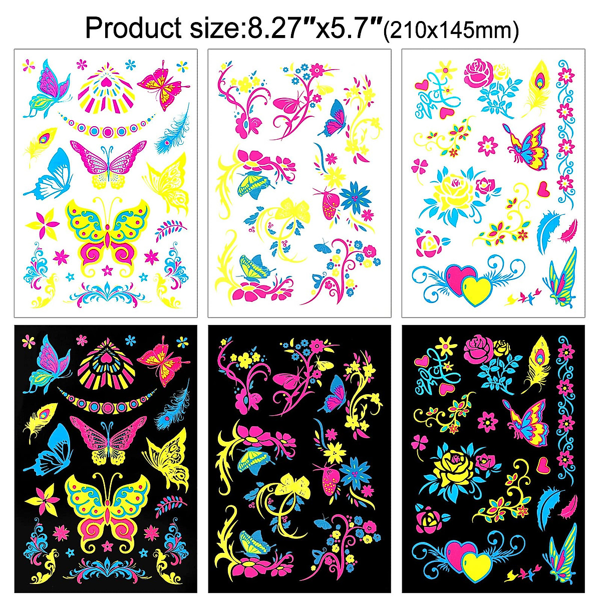 HOWAF 9 Large Sheets Neon Glow in The Dark Temporary Tattoos,100+ Assorted Designs Glow UV Neon Body Face Flowers Butterfly Flash Fake Waterproof Tattoo Stickers for Women Men Girls Body Art