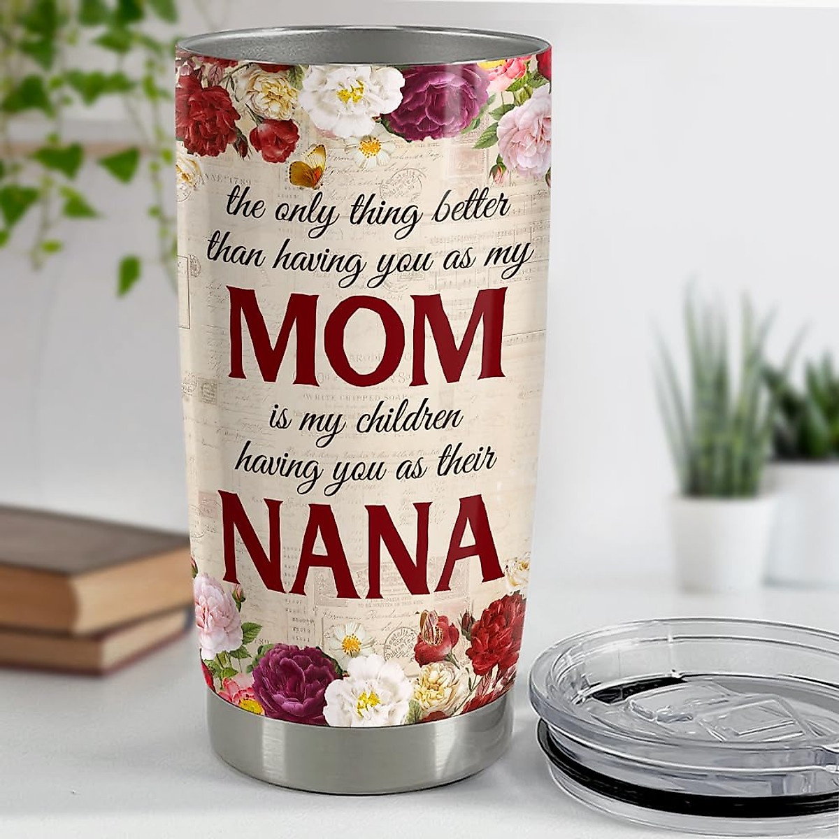 SANDJEST Best Nana Ever Tumbler Gift for Grandmas from Grandkids - 20oz Floral Insulated Stainless Steel Travel Mug Granny Christmas, Birthday, Mother's Day Gifts for Nana, Gigi from Grandchildren