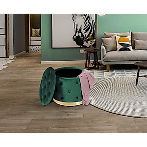 DEERUN Modern Velvet Tufted Button Upholstered Round Storage Ottoman Foot Rest Stool, Vanity Stool, Green