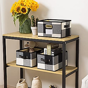 PRANDOM Fodable Storage Bins for Closet [3-pack] Decorative Fabric Storage Baskets Cubes with Leather/Metal Handles for Shelves Bedroom Living Room Black and White Grid (11.5x8.5x6.7 Inch)
