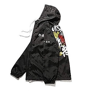 AITFINEISM Men's Lightweight Windbreaker Casual Drawstring Hooded Zip Jackets (Large, Black-1)