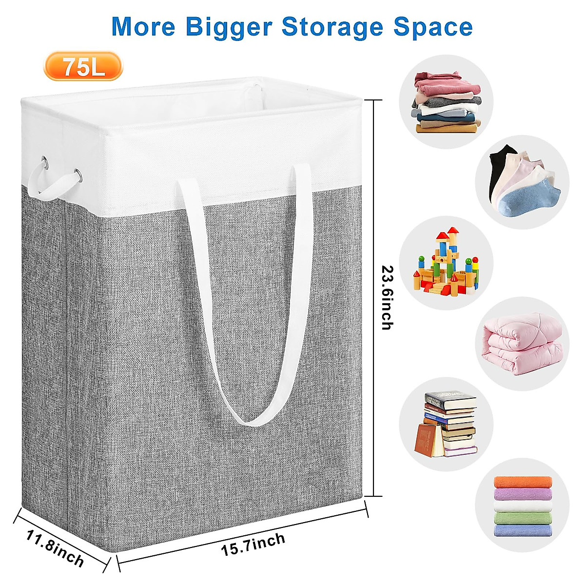 Stero Fabric Laundry Hamper, 75L Large Laundry Basket with Handles, Collapsible Dirty Clothes Hamper for Laundry Dorm, Bedroom, Bathroom, Grey&White