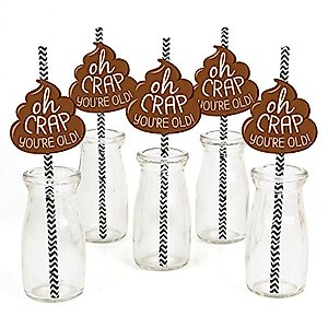 Big Dot of Happiness Oh Crap, You're Old - Paper Straw Decor - Poop Birthday Party Striped Decorative Straws - Set of 24