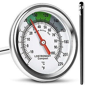 Long Stem Compost Soil Thermometer - Fast Response Stainless Steel 16 Inch - Fahrenheit and Celsius - Includes Protective Sheath and Composting Guide