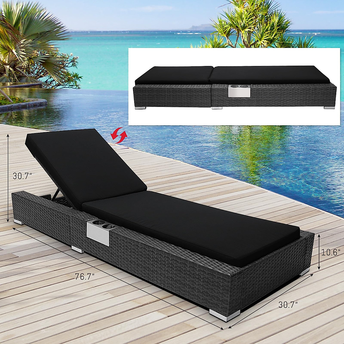 BULEXYARD Black Patio PE Wicker Lounge Chaise Chair Sets of 2 Conversation Rattan Outdoor Furniture Heavy Duty Deep Seating Recliner Handwoven (Black Lounge Chaise x2)