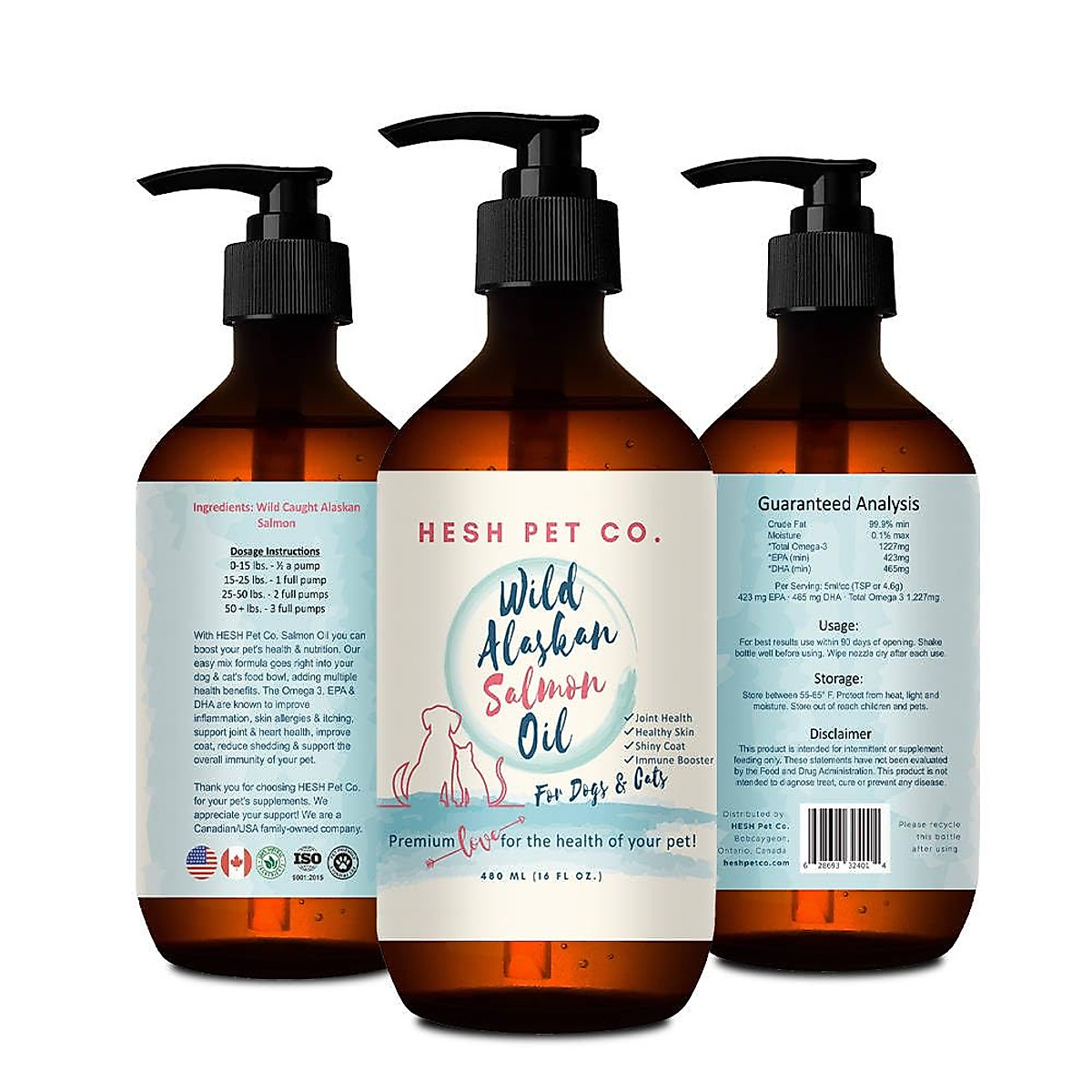 Premium Wild Alaskan Salmon Oil for Dogs & Cats 16oz Skin & Coat Natural Liquid Food Supplement for Pets, Fish Oil, Omega 3, EPA + DHA Fatty Acids for Joint Function, Immune & Heart Health!