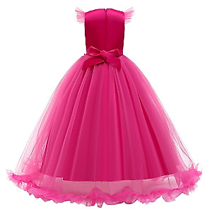Girls Lace Pageant Party Dress Wedding Flower Girl Maxi Gowns Flower A Line Birthday Dance Evening Tulle Floor Length Skirt Hot Pink 6-7 Years