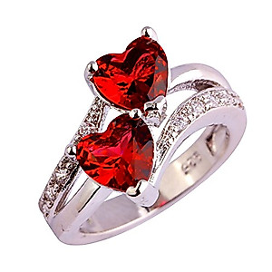 Narica Silver Plated 7x7mm Double Heart Cut Created Ruby Spinel Cubic Zirconia Filled Halo Wedding Engagement Band Elegant Women's Ring for Mom Bridal Lover Gift 10#