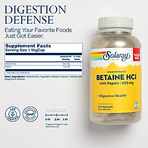 SOLARAY Betaine HCL with Pepsin, High Potency Hydrochloric Acid Formula, Healthy Digestion Supplement, Digestive Enzymes for Gut Health Support, 60-Day Guarantee (275 Servings, 275 Veg Caps)