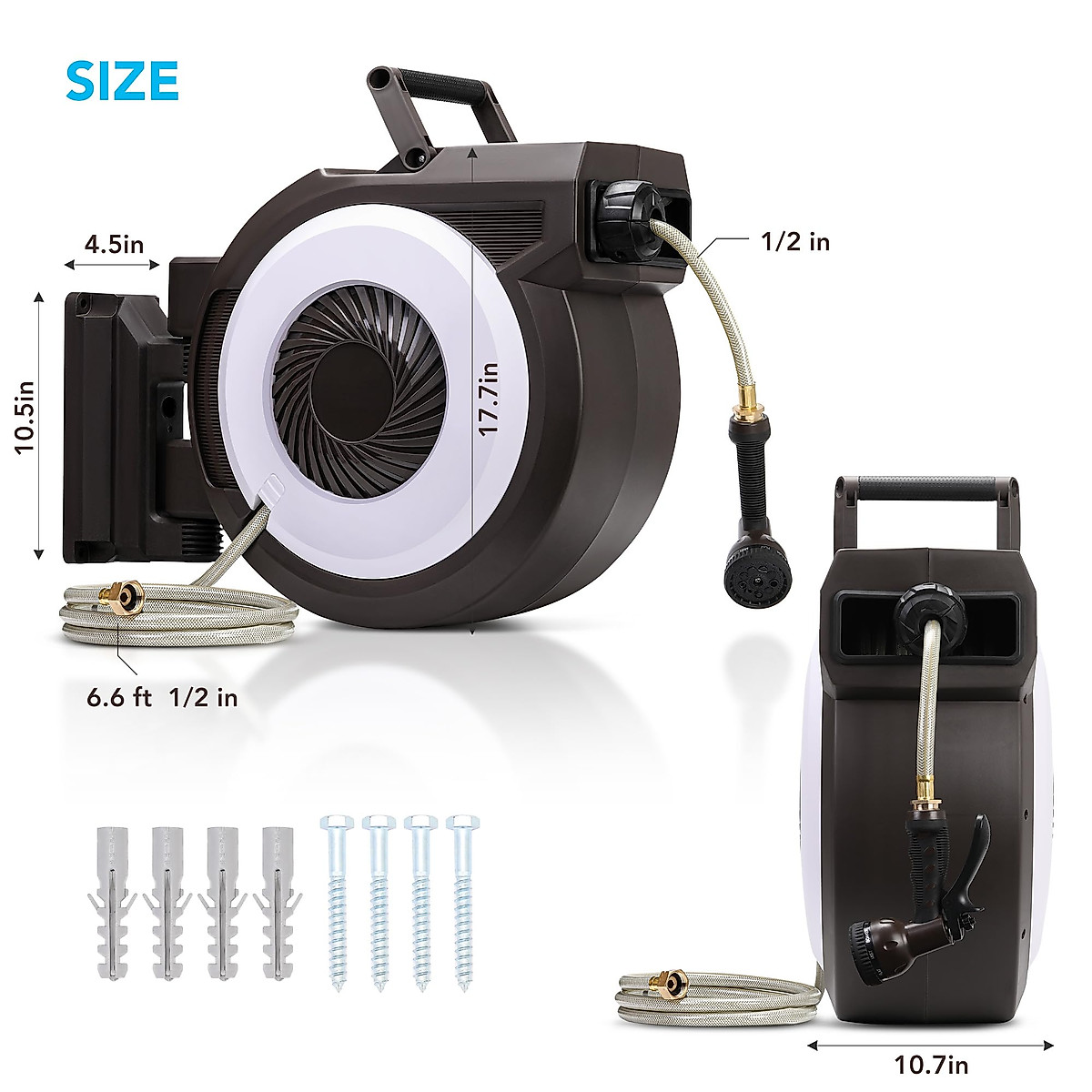IDEALHOUSE Retractable Garden Hose Reel, 1/2 in x 100 ft Wall-mounted Hose Reel, with 9- Function Sprayer Nozzle, Any Length Lock/180° Swivel Bracket/Automatic Rewind/Slow Return System/Easy Watering