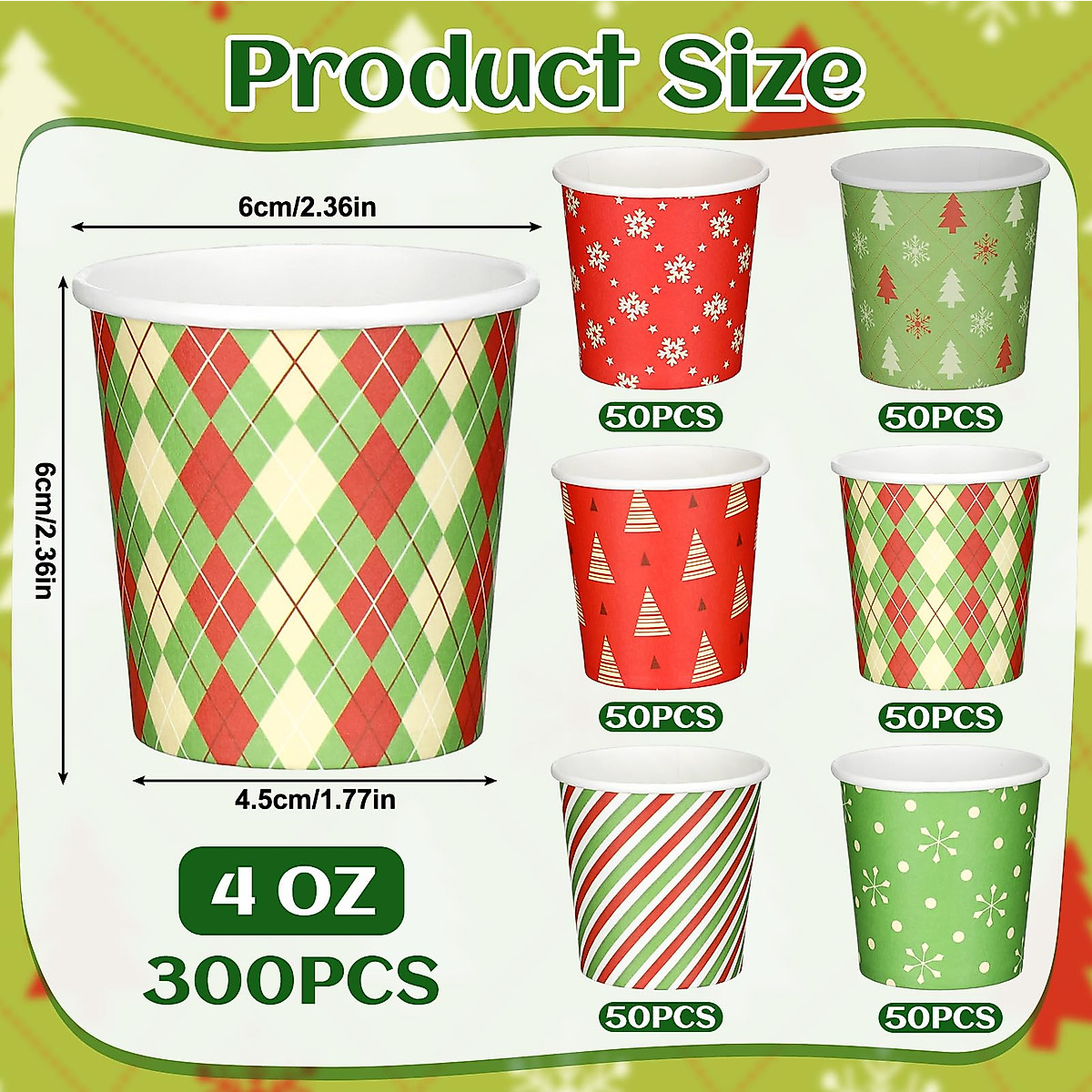 Maxcheck 300 Pcs Christmas Paper Cups 4 oz Disposable Holiday Supplies 6 Styles Paper Coffee Espresso Cups Xmas Green Red Drink Drinkware for Chocolate Tea Cocoa Beverage Party Office