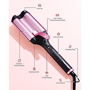 Wavytalk Professional Hair Crimper Curling Iron Wand Hair Waver 3 Barrel Beach Waves Rose Gold