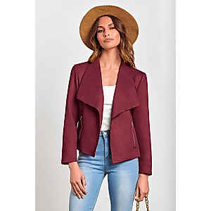 PRETTYGARDEN Women Cropped Jackets 2024 Fall Long Sleeve Faux Suede Leather Coats with Pockets (Wine Red,Large)