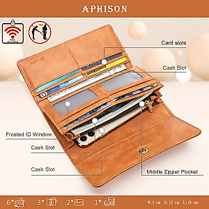 APHISON Womens Wallets RFID Blocking PU Leather Clutch Long Wallet for Women Card Holder Phone Organizer Ladies Travel Purse Hollow Out Sunflower Design Gift Box 2214 Brown