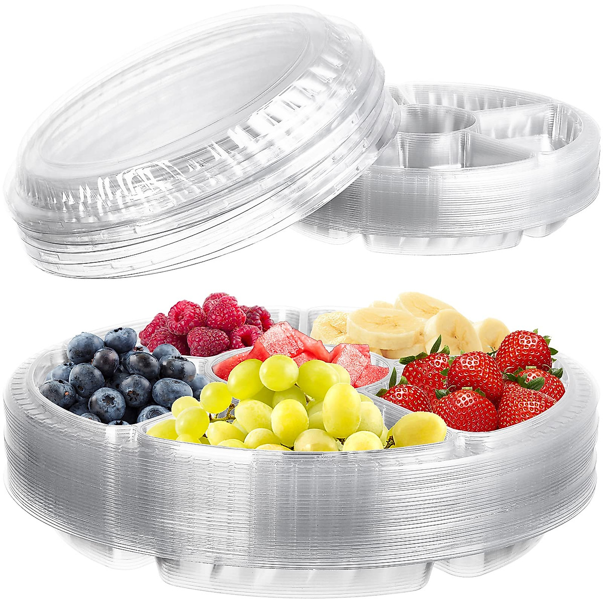 Lawei 30 Pack 12.5 Inch Plastic Appetizer Tray with Lid, 6 Sectional Round Plastic Serving Tray, PET Food Serving Dip Platter, Disposable Fruit Vegetable Trays Storage Containers for Party Buffet