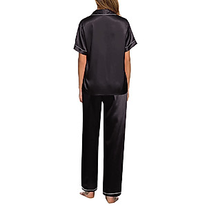 Aniywn Women's Satin Pajamas Sets Casual Short Sleeve and Long Pant Loose Underwear Nightwear Lingerie Silk Pajamas Suit Black