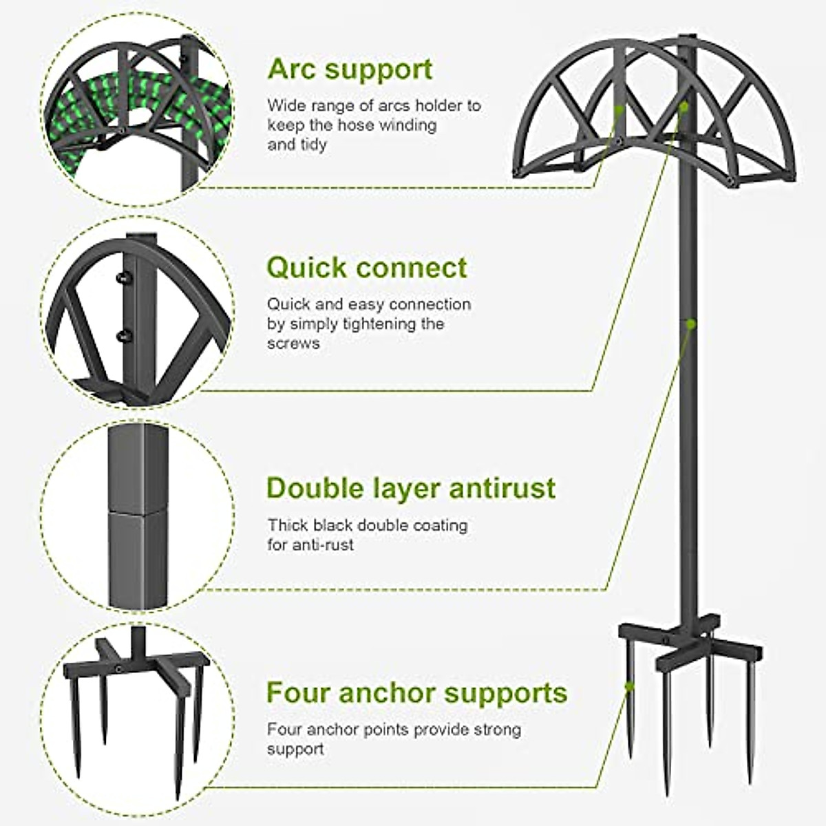 Mr IRONSTONE Garden Hose Holder,4 Spikes Water Hose Holder Holds 125-feet Hose,Freestanding Hose Stand Made of Heavy Duty Steel,Expandable Garden Hose for Outside Yard Lawn, Black