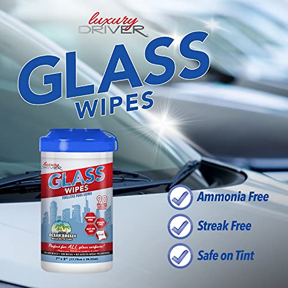 Glass Cleaner Car Wipes for Windows for Windshield for Mirrors Disposable and Streak Free Cleaning Wipes for Auto Glass or Kitchen and Home By Luxury Driver - Auto Ocean Breeze (90 Ct Canister)