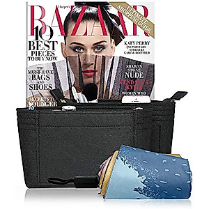 HyFanStr Felt Insert Bag Organizer with Zipper, Small Handbag Purse Organizer Tote Liner Pouch for Women, 2 Pcs Set Black