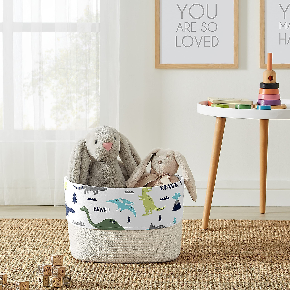 Sweet Jojo Designs Blue Green Modern Dinosaur Boy Woven Storage Basket Decorative Cotton Rope Lined Bin Baby Nursery Kids Bedroom Toy Closet Shelf Organizer Turquoise Mod Dino Boho Bohemian Grey White
