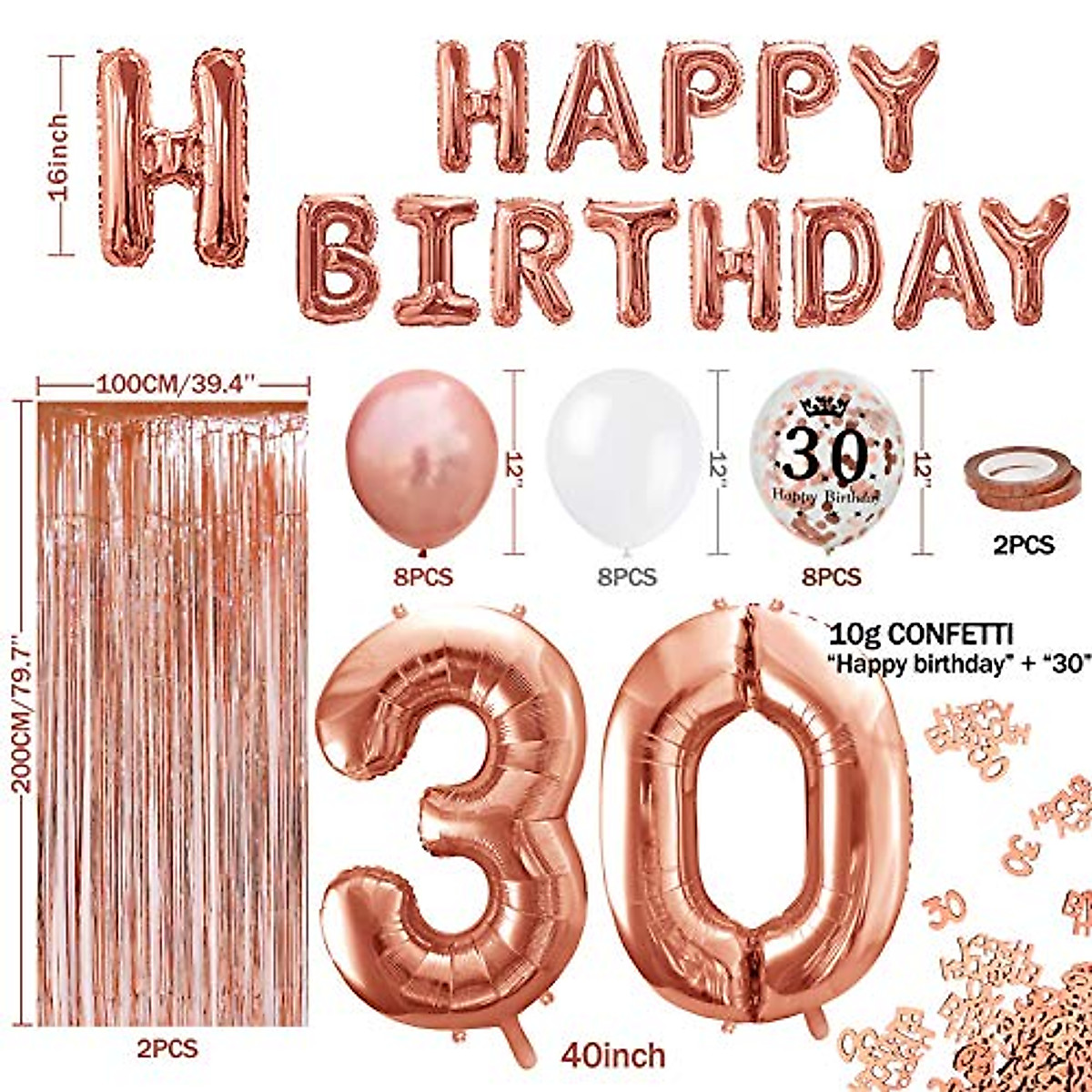 MOVINPE 30th Rose Gold Birthday Party Decoration, Happy Birthday Banner, Jumbo Number 30 Foil Balloon, 2 Rose Gold Fringe Curtain, Latex Confetti Balloon, Table Confetti for Girl Women Anniversary