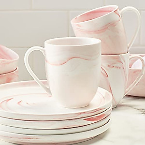 Stone Lain Marble Porcelain Dinnerware Set, 16 Piece Service for 4, Matte Pink