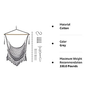 Hammock Hanging Rope Swing Macrame Chair Extra Long Stretching Bed with Max Capacity of 330 Lbs with Complete 360° Rotation Spring Hardware Set Indoor Outdoor Garden Yard (Grey)