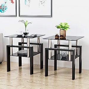 HESIEU Modern Tempered Glass End Table Set of 2 Side Table Made of Tempered Glass and Metal Legs Nightstand Sofa Side Table Suitable for Living Room, Bedroom Dining Room (Black)