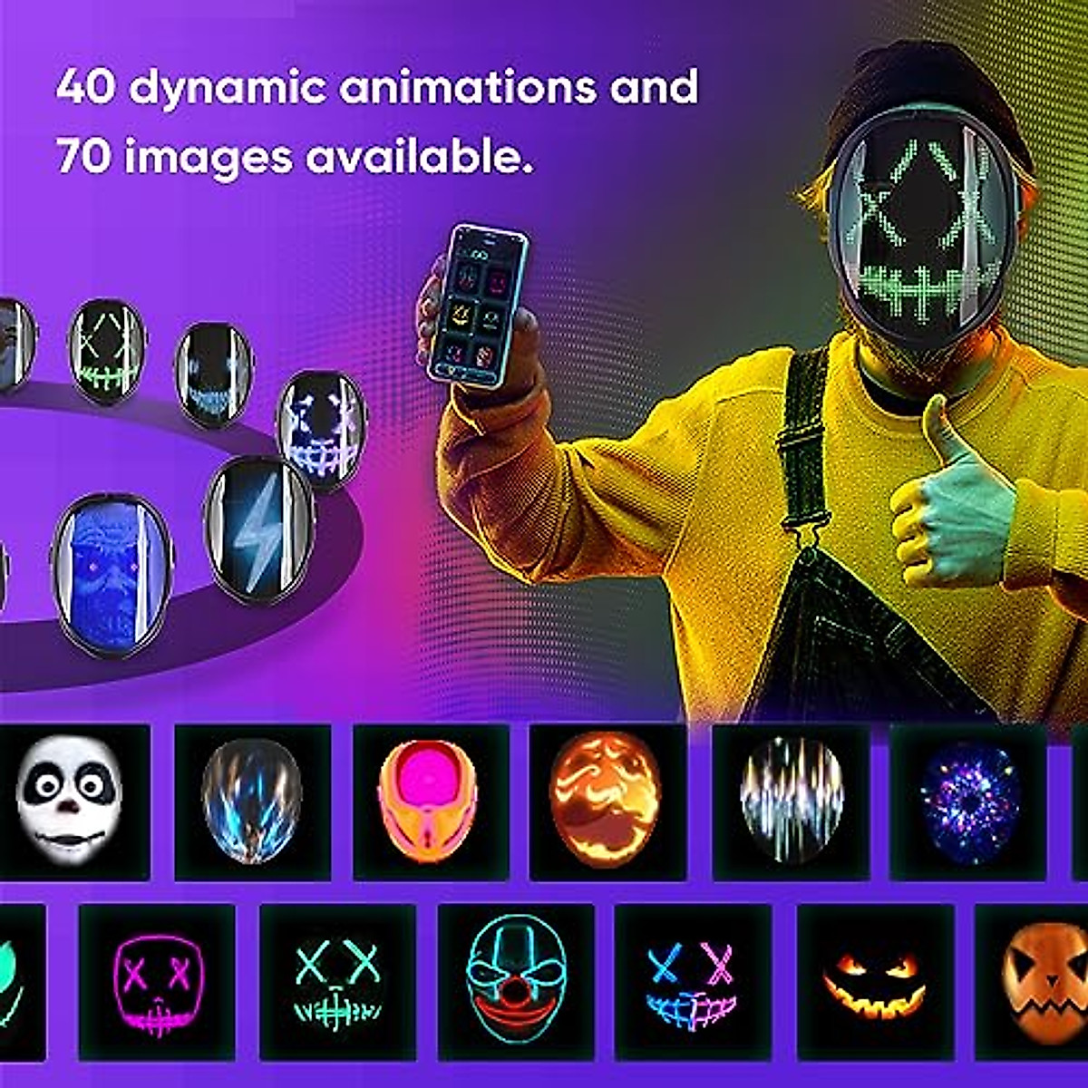 CHEMION Led Mask with Bluetooth App, Led Face Mask for Adults, Kids, Digital Face Mask for Birthday Parties, Concerts, Costume mask, USB Charge