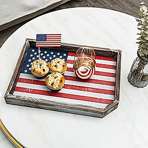 MyGift American Flag Design Serving Tray - Rustic Torched Wood Decorative Display Ottoman Coffee Table Tray