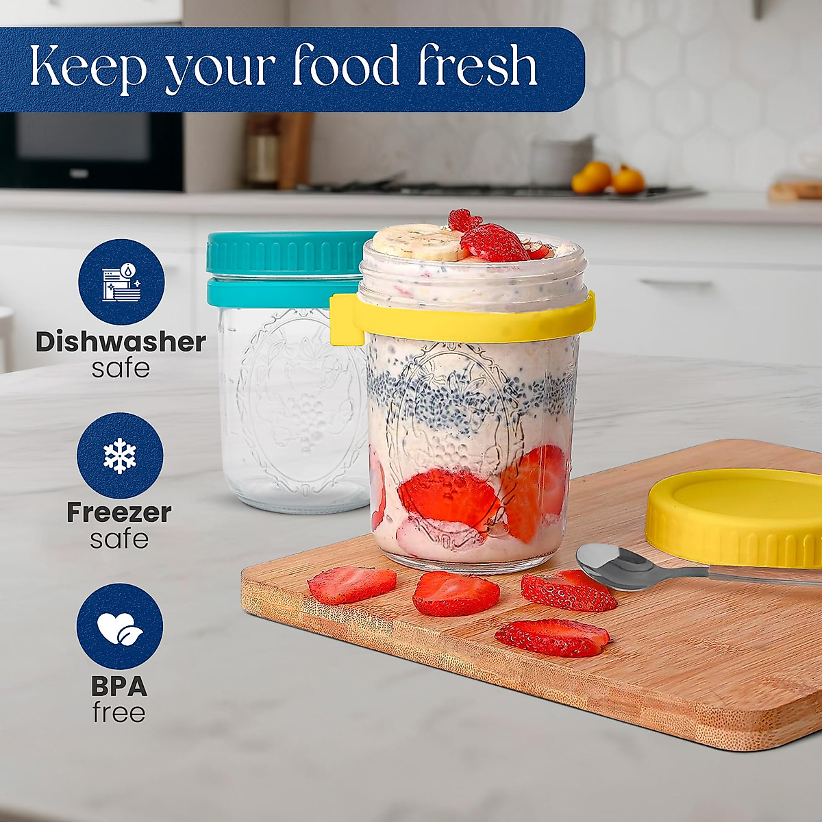 Syne Trend Gift Set Overnight Oats Containers with Lids, 16oz Overnight Oats Jars, 3 Pack Oatmeal Containers with Lids (Green + Turquoise + Yellow)