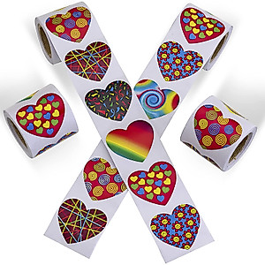 Kicko Funky Heart Stickers Roll - 4 Rolls - Colorful Assorted Design Heart-Shape Stickers - for Party Favors, Arts and Crafts, School Project, Wall Decoration, Decorative Supply - 1.5 Inches