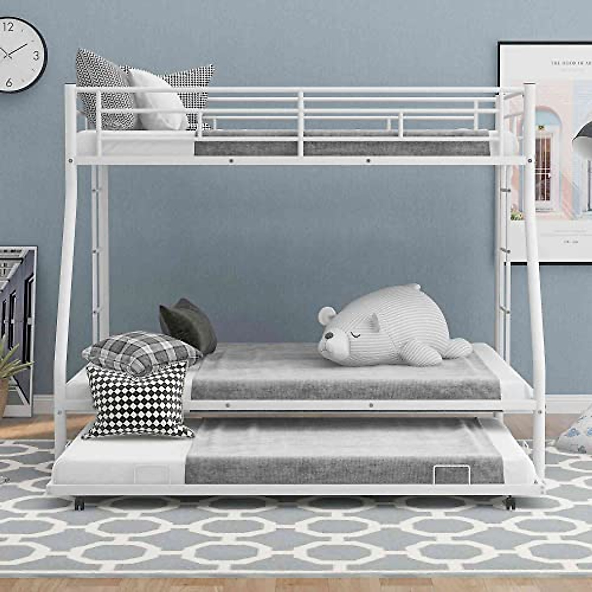 Tulib Twin Over Full Metal Bunk Bed with Sturdy Steel Frame, Bunkbed with Twin Size Trundle, Two-Side Ladders, No Spring Box Required, White