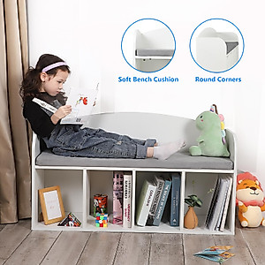 MOMCAYWEX Kids Bookshelf with Reading Nook, Toddler Bookshelf with Soft Grey Cushion, 4-Cube, White