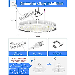KUKUPPO 10 Pack LED High Bay Light 240W 190W 140W Adjustable, 3000K 4000K 5000K Adjustable UFO Bay Light with 5' Cable and Plug, 0-10V Dimmable AC100-277V UL&DLC Listed, White