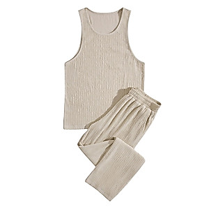 GORGLITTER Men's 2 Piece Rib Knit Outfits Casual Sleeveless Tank Top Elastic Waist Pants Set Apricot Medium