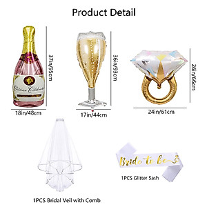 40 inch Bride Balloons White Letters Banner, Bachelorette Party Decorations Kit Include Large Ring Bottle Glass Foil Balloons, Bride To Be Sash and Veil for Bridal Shower Decorations