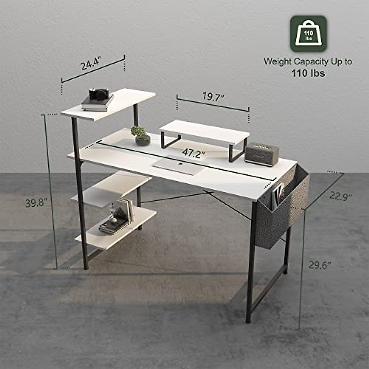 Innerjoin 47 inch Computer Desk with Shelves, Home Office Desk with Monitor Stand, 4 Tier Shelves, Storage Bag, Metal Frames, White