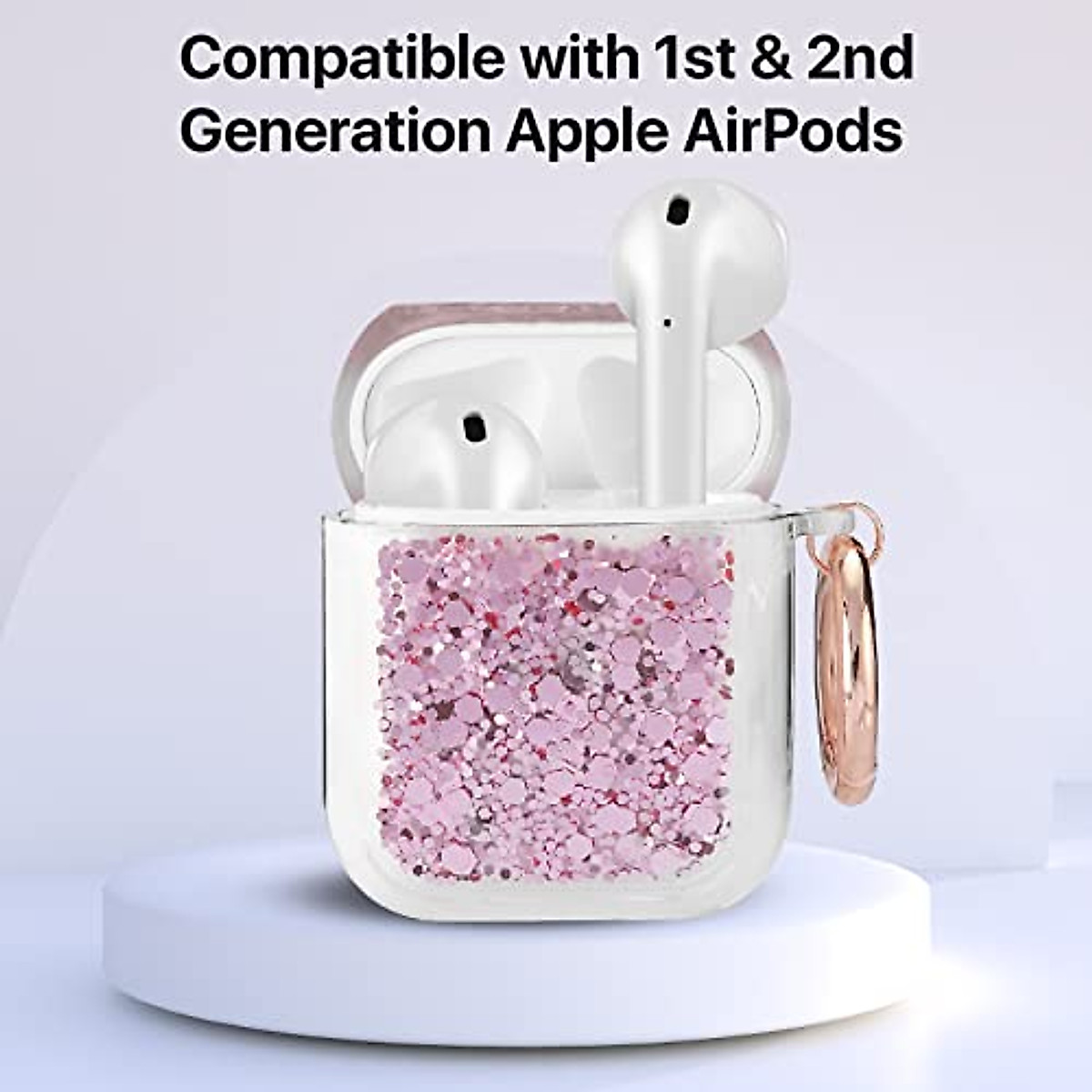 LAX Gadgets Air Pod Case for Protection - Compatible with 1st & 2nd Generation Apple AirPods- Lightweight Case with Key Ring - Easy to Use - Glitter Pink