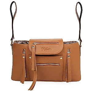 motheric Brown Leather Universal Stroller Organizer Shoulder bag with insulated cup holder, Shoulder strap - Parent console Caddy with strollercup holder